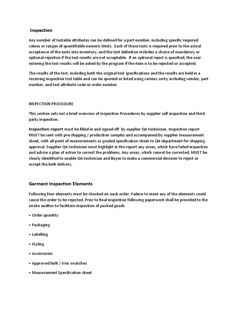Inspection | PDF | Specification (Technical Standard) | Clothing