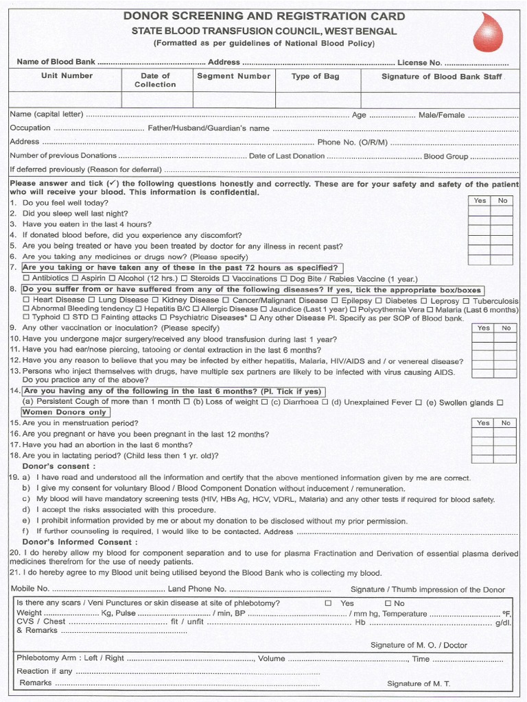 Donor Screening and Registration Card | PDF
