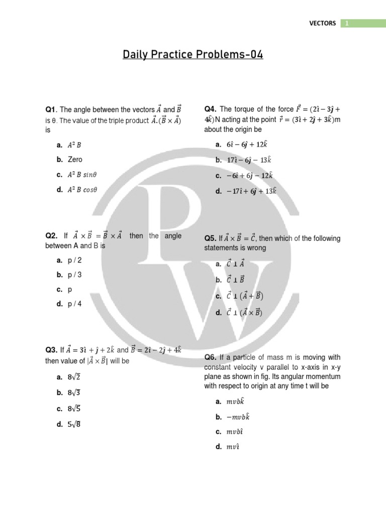 Daily Practice Problems-04: Vectors | PDF | Euclidean Vector | Torque
