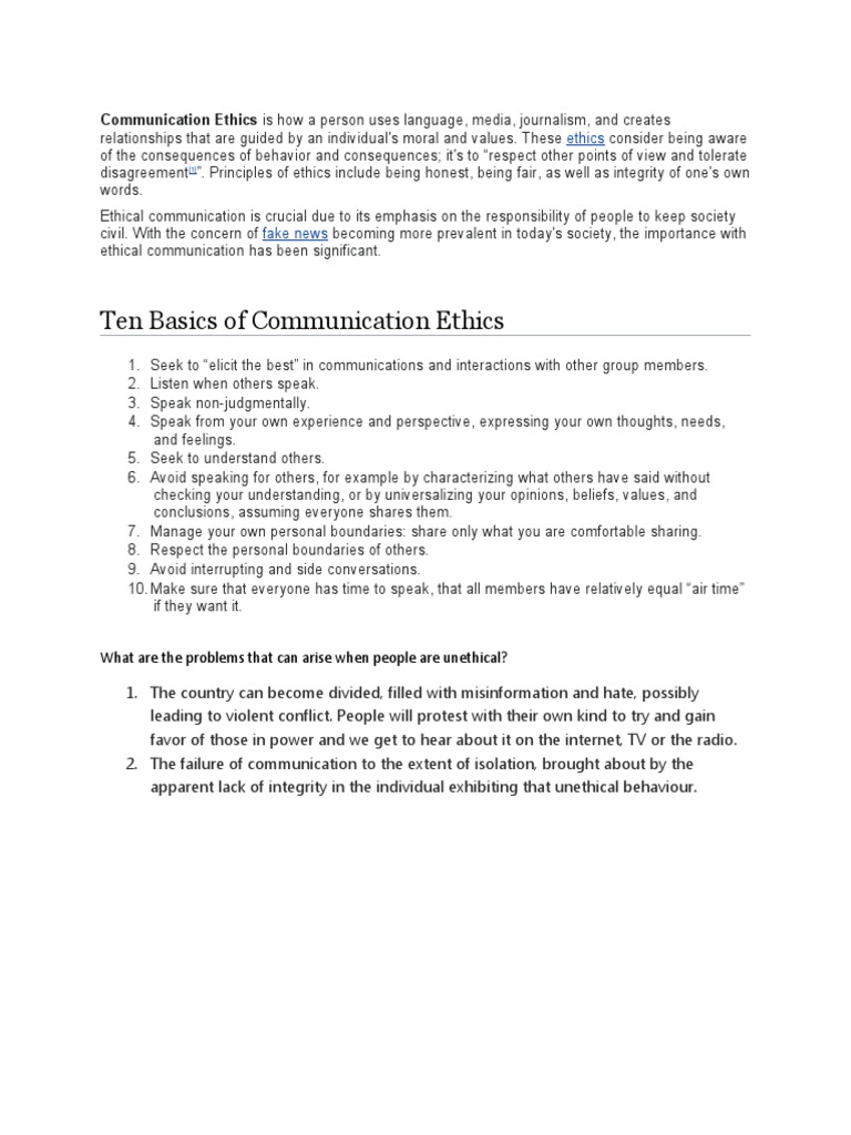 Ten Basics of Communication Ethics: Communication Ethics Is How A ...