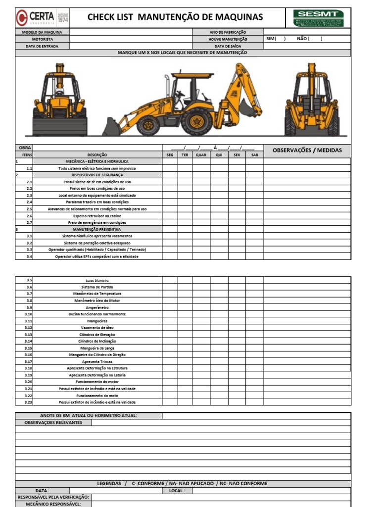 Check List de Retro Escavadeira Modelo | PDF | Bens manufaturados ...