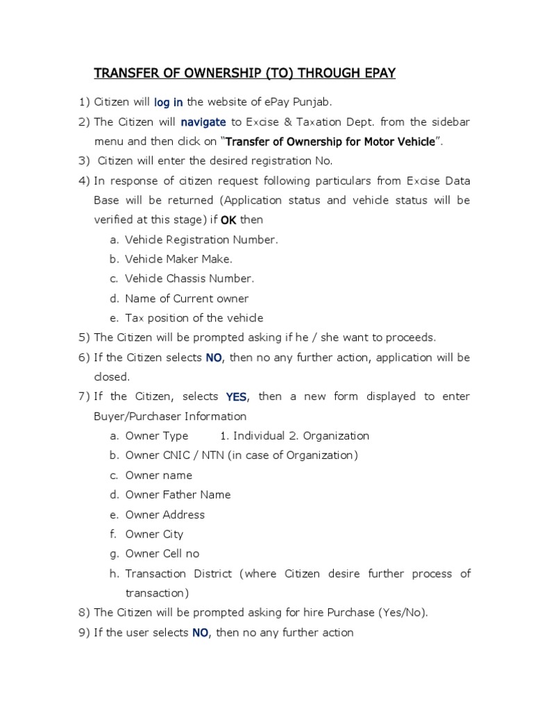 Transfer of Ownership (To) Through Epay: Log in Navigate | PDF ...