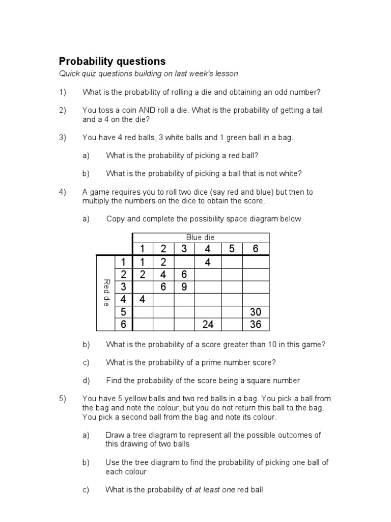 Probability Questions: Quick Quiz Questions Building On Last Week's ...