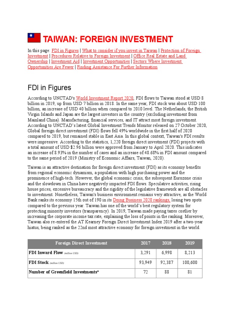 Taiwan Foreign Investment Overview | PDF | Foreign Direct Investment ...