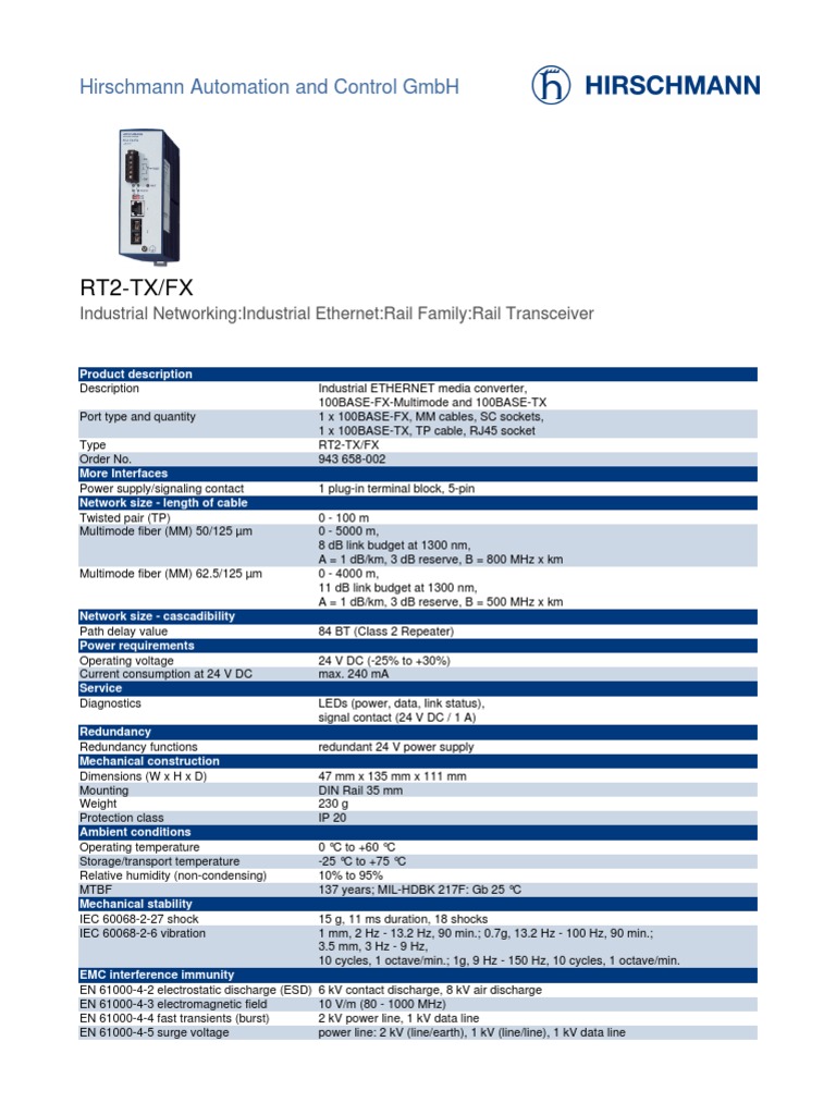 Hirschmann RT2-TX/FX Media Converter | PDF | Electromagnetic ...