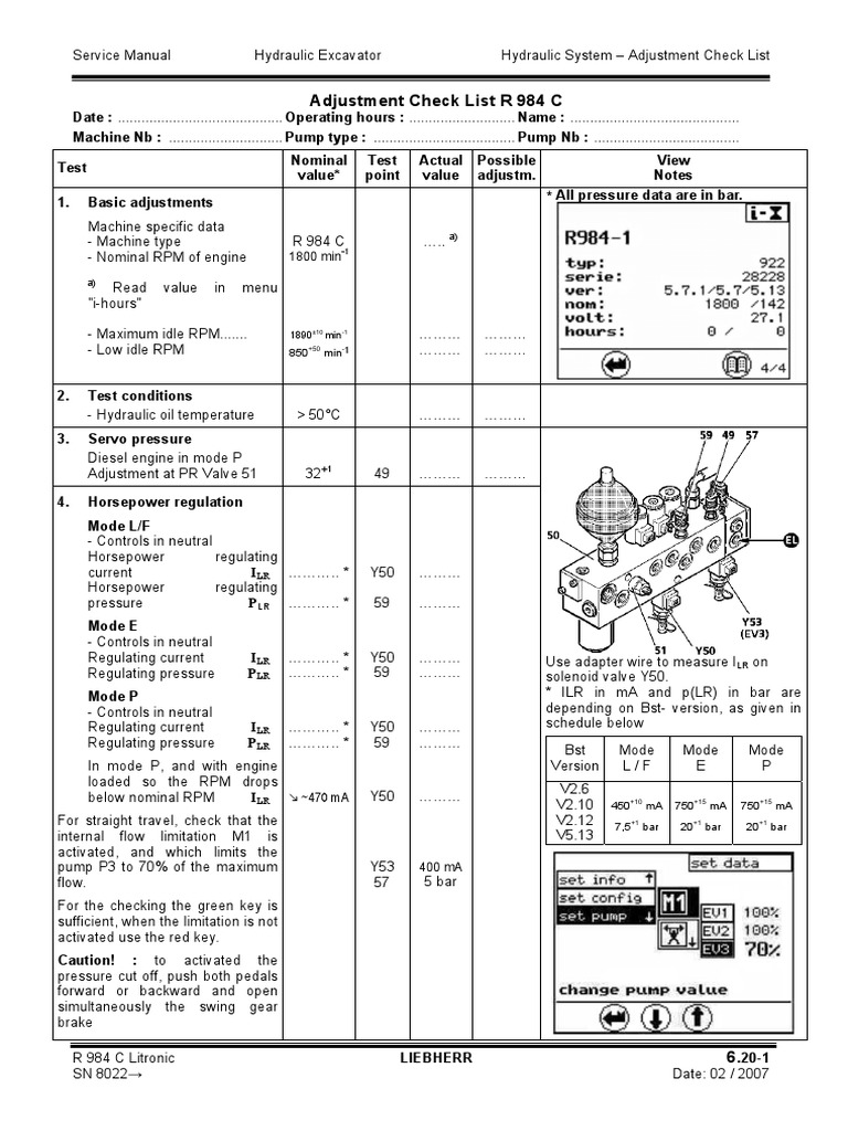 Adjustment Check List R 984 C | PDF | Valve | Pump