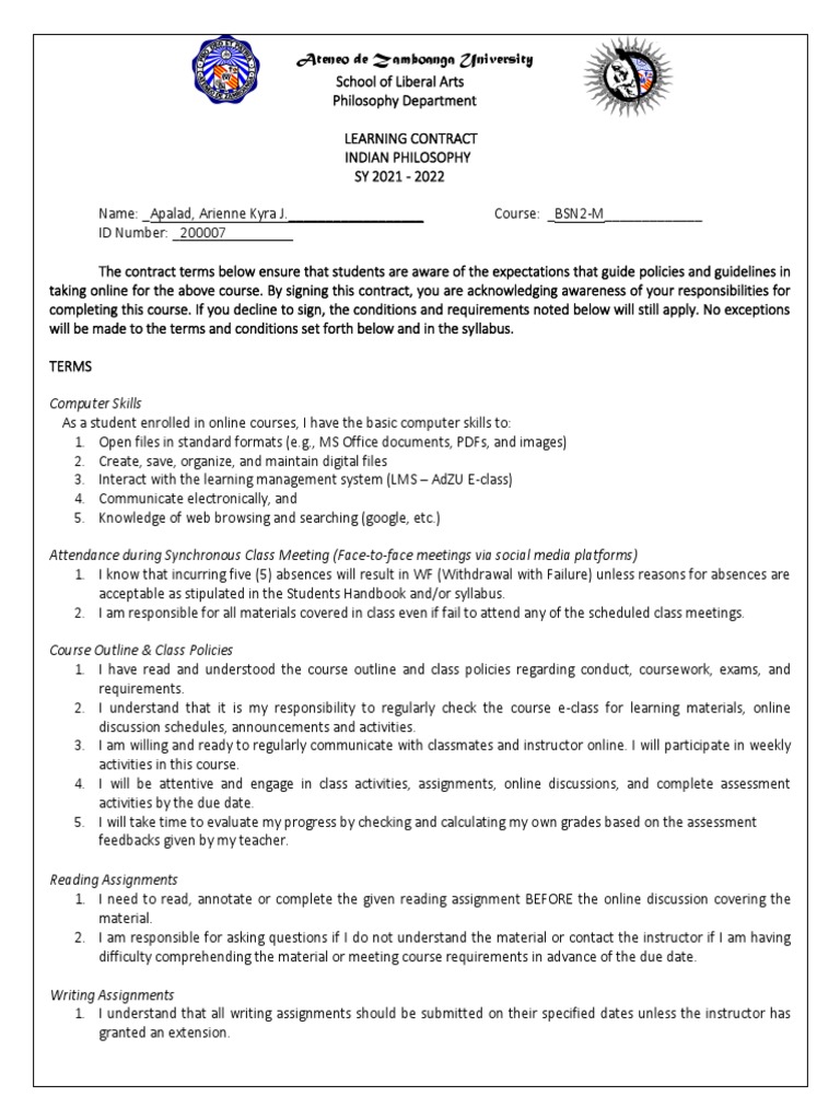 Learning Contract Ethics Pdf Educational Assessment Behavior