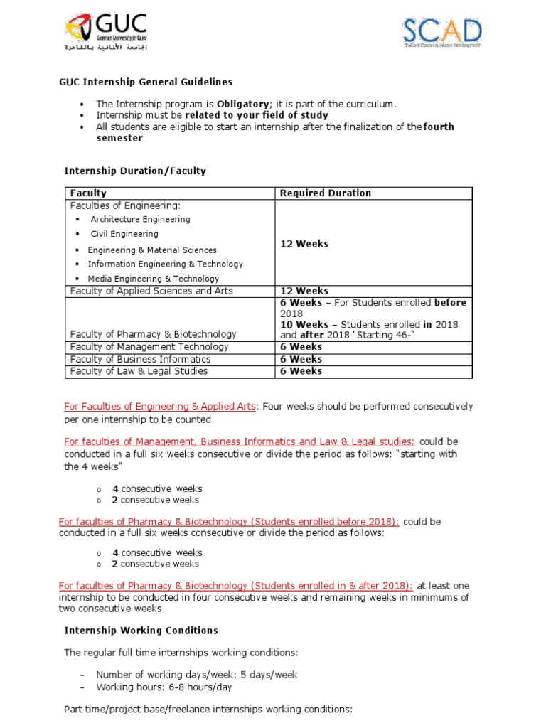 GUC Internship Guidelines and Requirements | PDF | Internship | Job Hunting