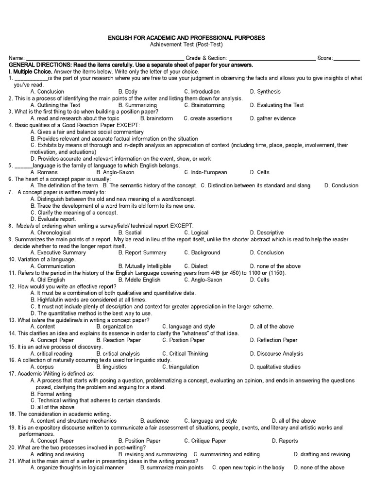 Academic English Achievement Test | PDF | Analysis | Critical Thinking