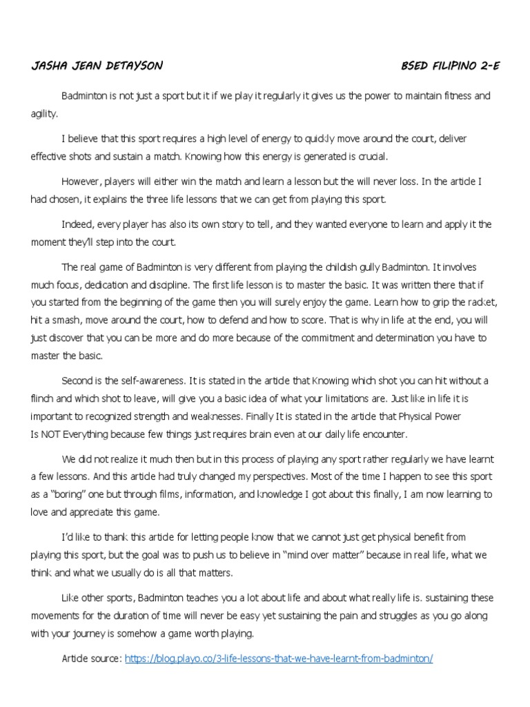 Badminton Article With Reflection | PDF | Sports | Cognition