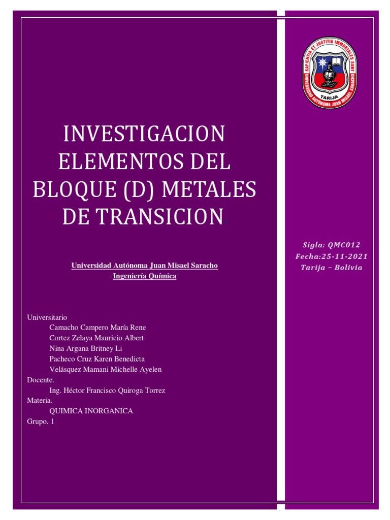 Investigacion Grupal Elementos Del Bloque (D) Metales de Transicion | PDF | Rieles | Sólido