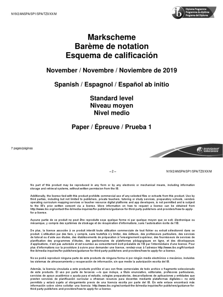 Spanish Ab Initio Paper 1 SL Markscheme Spanish | PDF