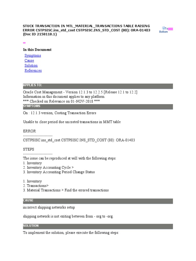 CSTPSISC - INS - STD - COST (80) ORA 01403 No Data Found | PDF