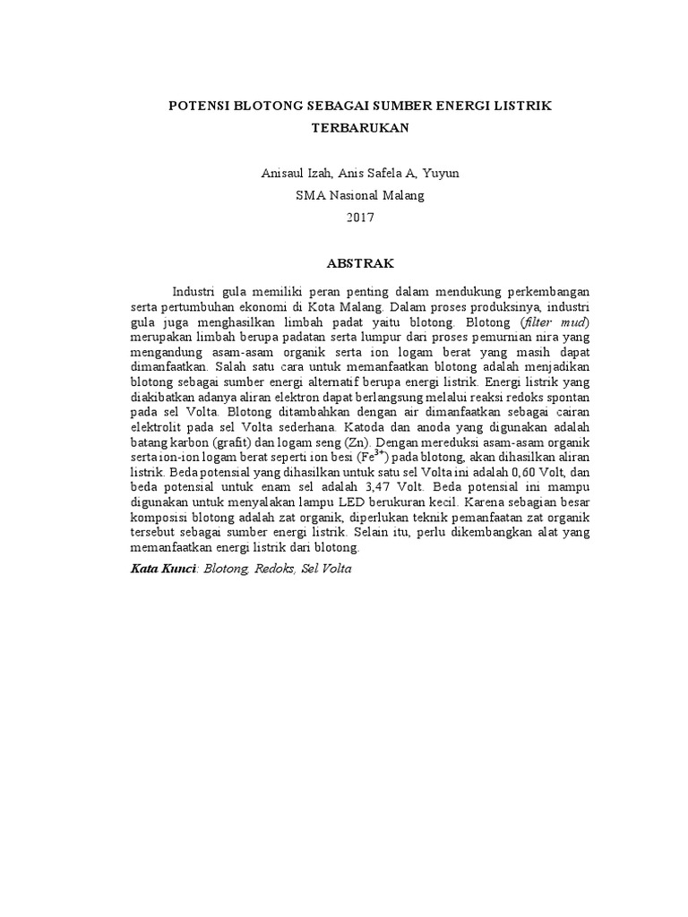 KTI Potensi Blotong Sebagai Sumber Energi Listrik Terbarukan | PDF ...