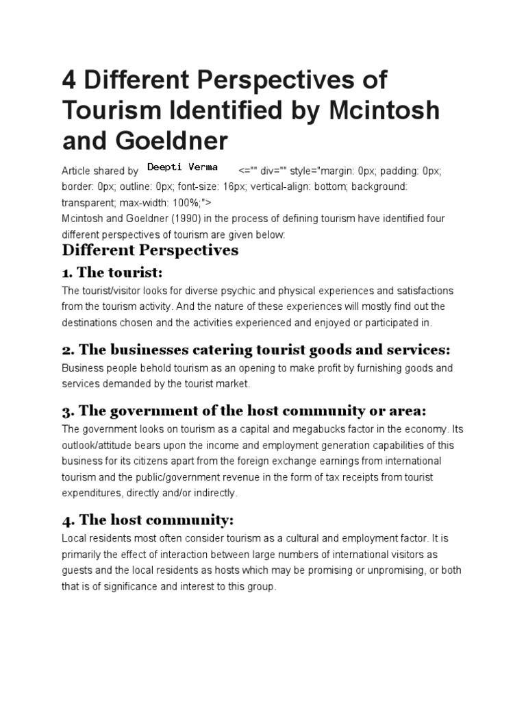 4 Different Perspectives of Tourism Identified by Mcintosh and Goeldner ...