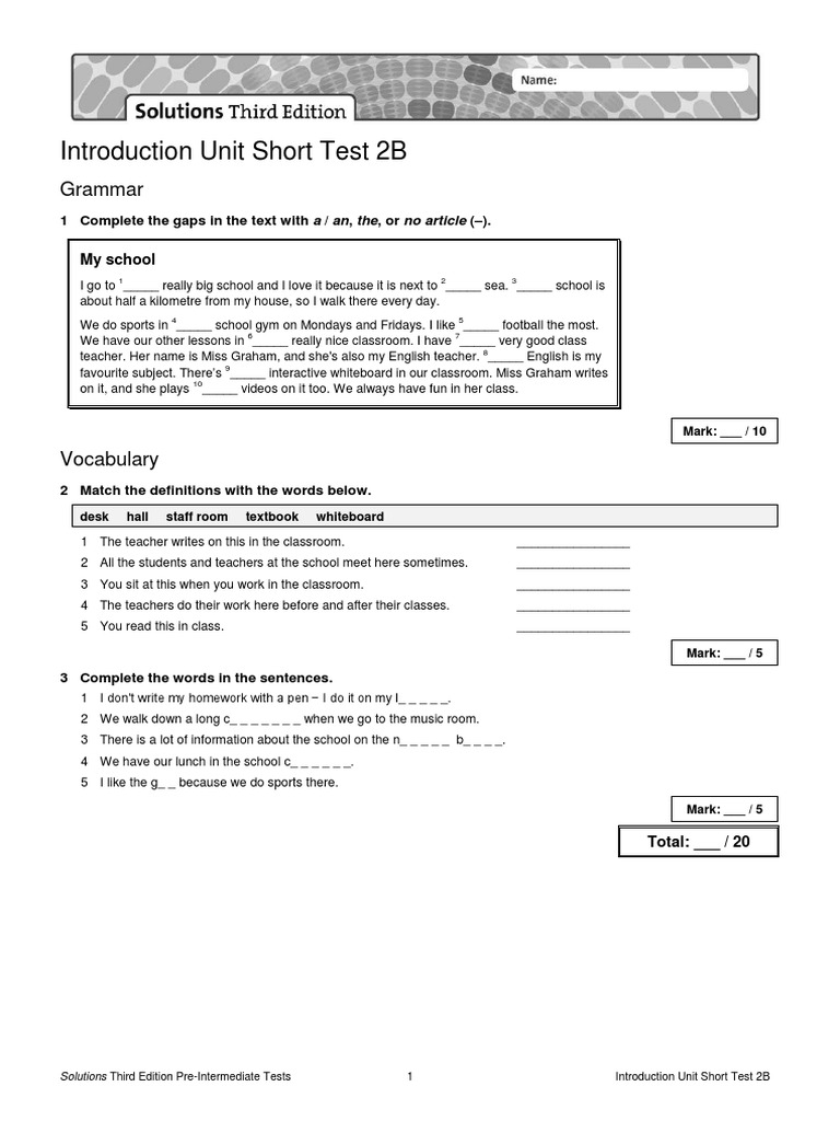 Introduction Unit Short Test 2B: Grammar | PDF | Classroom | Teachers