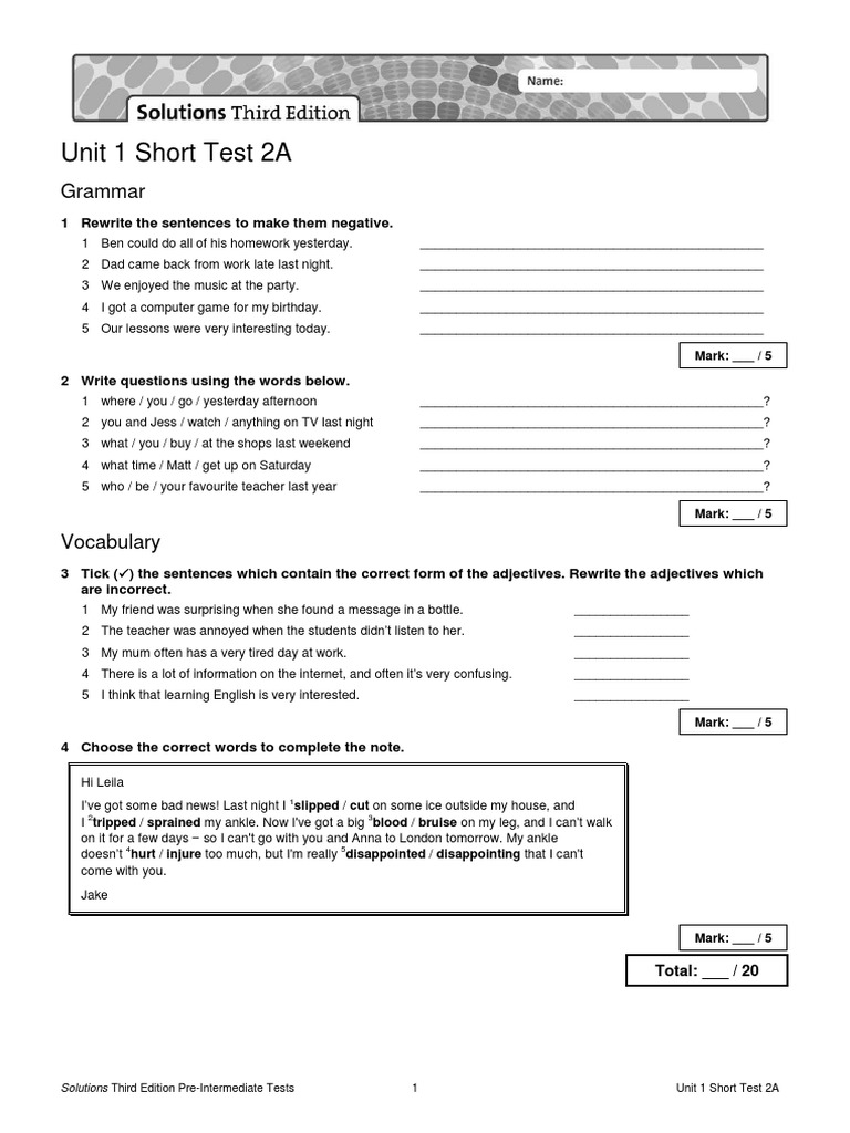 Unit 1 Short Test 2A: Grammar | PDF | Cognition | Linguistics
