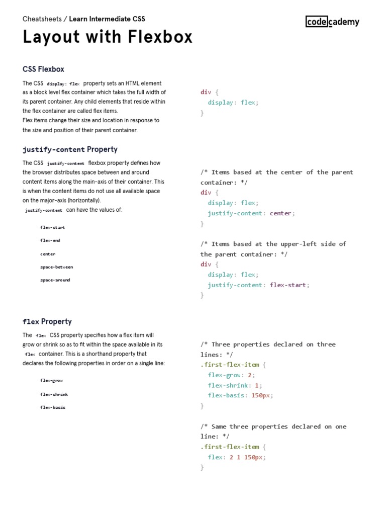 Learn Intermediate Css Layout With Flexbox Cheatsheet Codecademy Pdf