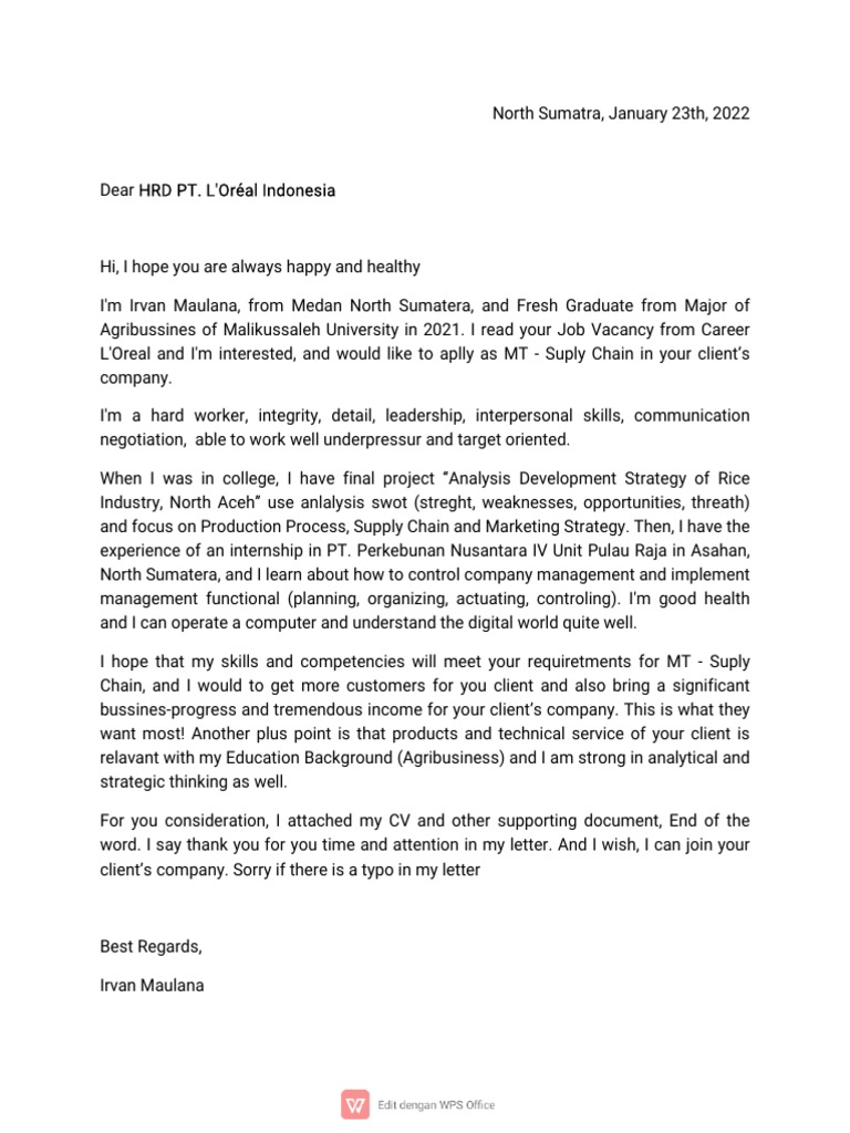 Cover Latter Irvan Maulana | PDF