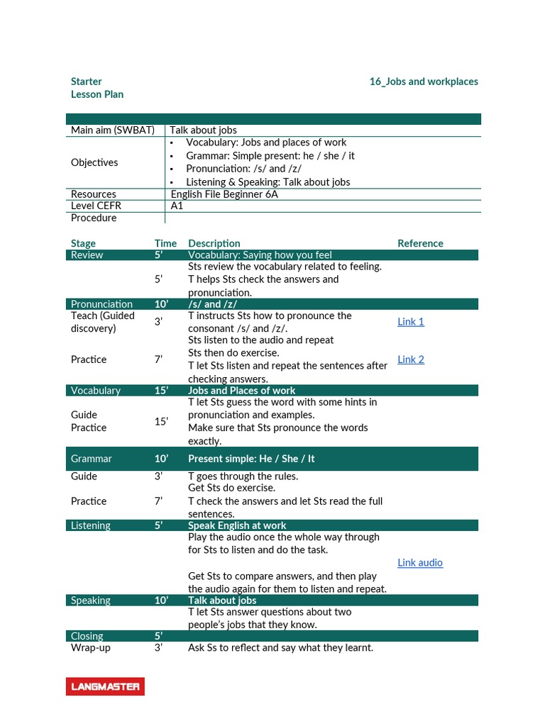 Lesson Plan: Jobs and Workplaces - Vocabulary, Grammar, Pronunciation, Listening, and Speaking ...