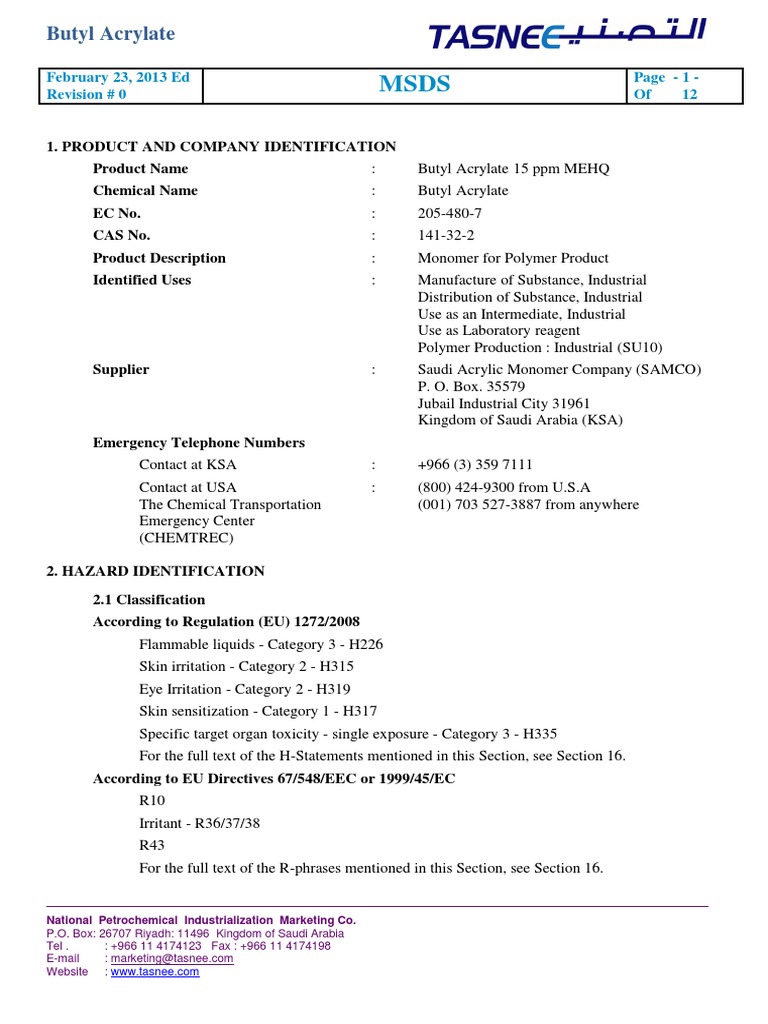Butyl Acrylate - MSDS | Download Free PDF | Firefighting | Toxicity