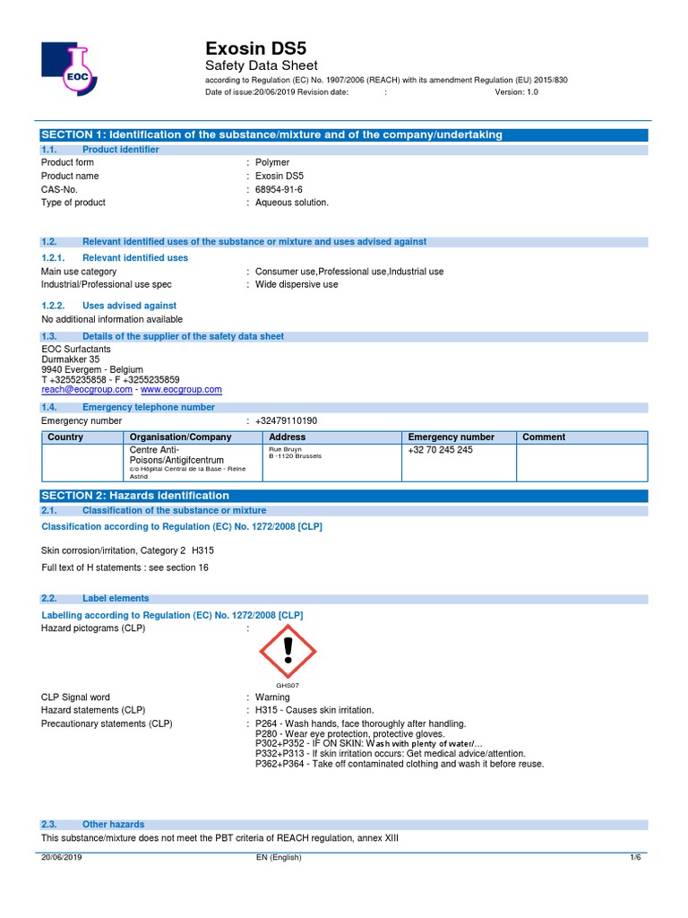 Exosin DS5: Safety Data Sheet | PDF | Dangerous Goods | Waste Management