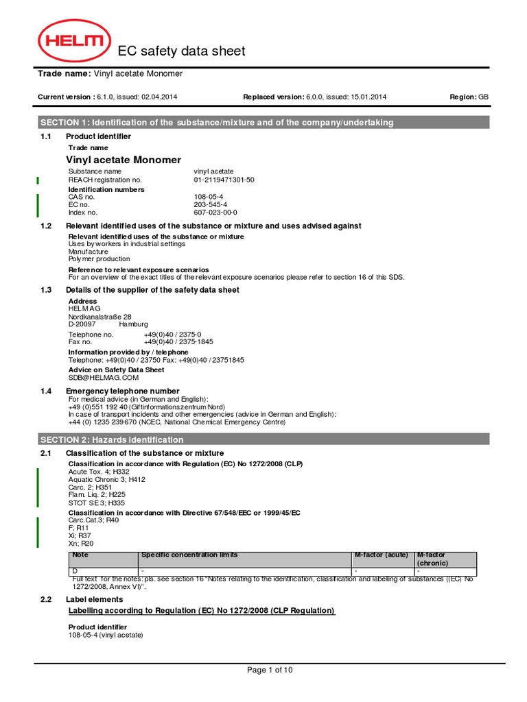 Vinylacetat Monomer - MSDS | PDF | Materials | Nature
