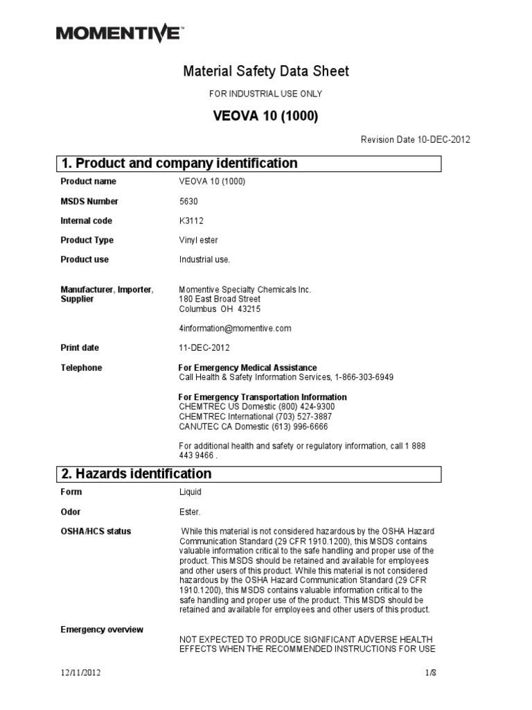 Veova10 - MSDS | PDF | Firefighting | Dangerous Goods