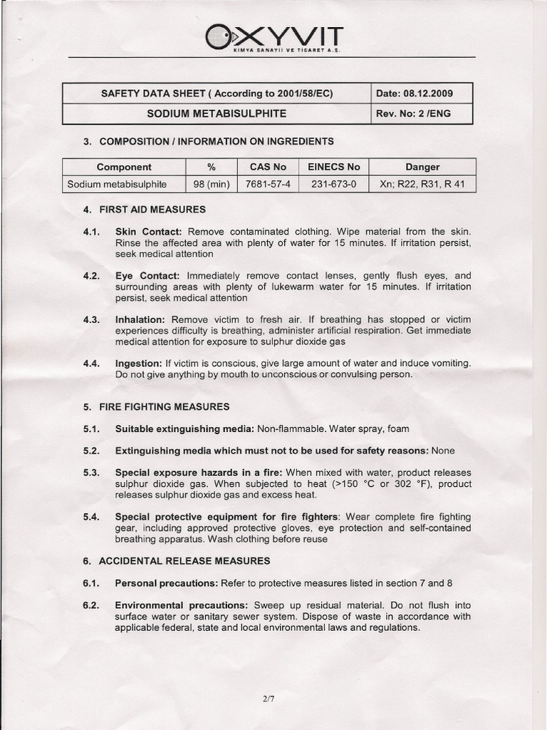 Sodium Metabisulfite - MSDS | PDF | Toxicity | Water