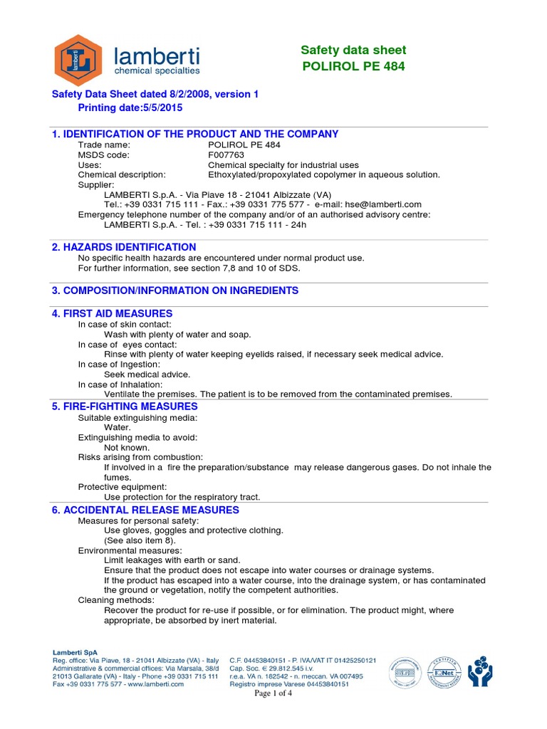 Polirol Pe 484 - Msds | PDF | Toxicity | Water