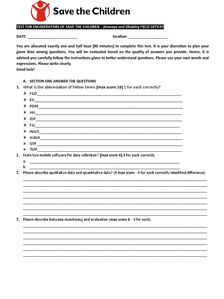 Test For Enumerators of Save The Children | PDF