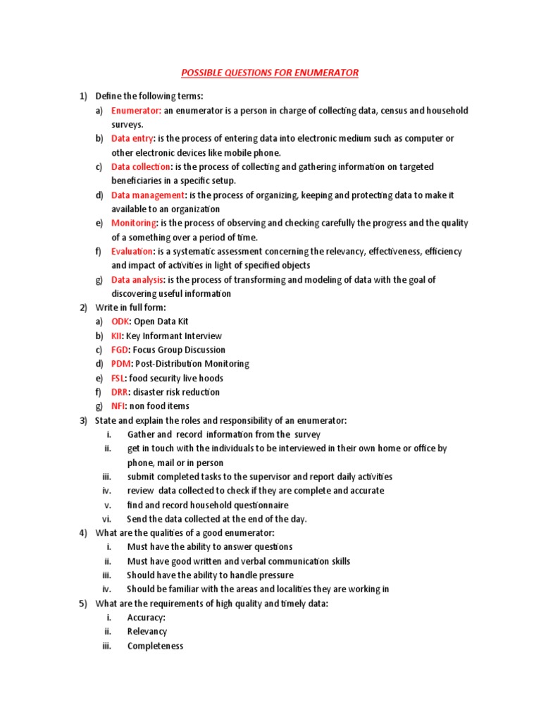 Possible Questions For Enumerator Written Test Download Free Pdf