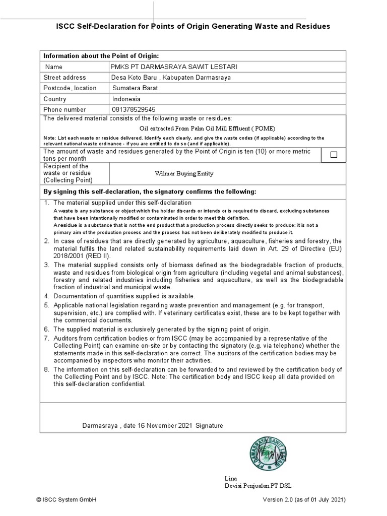 ISCC Self Declaration Waste V2.0 010721 | PDF | Waste | Natural Environment