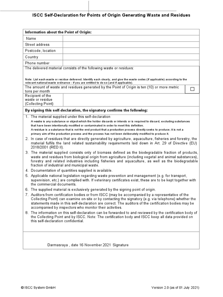 ISCC Self-Declaration For Points of Origin Generating Waste and ...