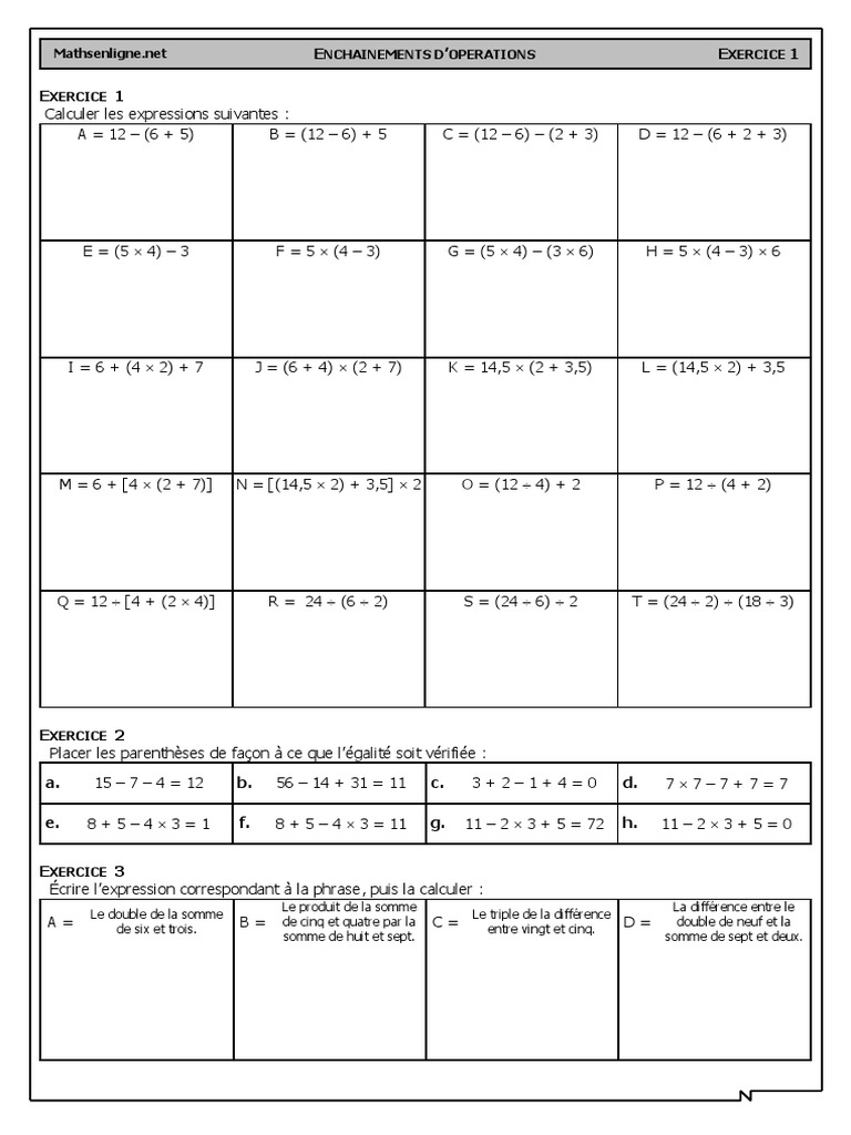 Chap 1 - Exercices 1 - Priorités de Calculs Avec Parenthèses - CORRIGE | PDF