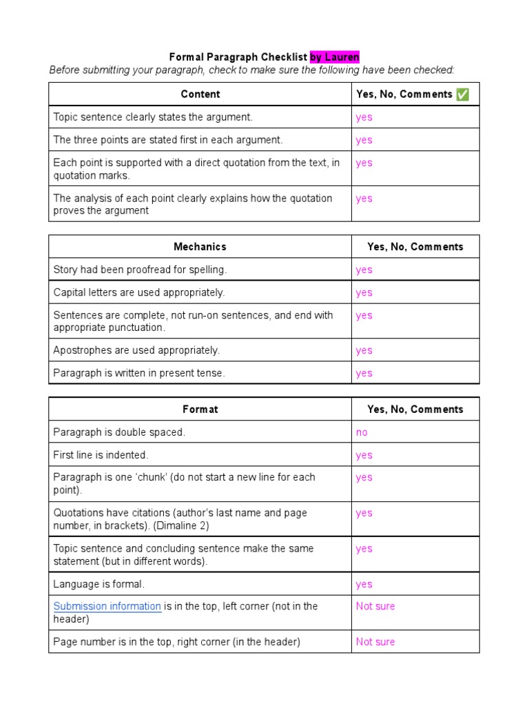 Formal Paragraph Checklist 1 | PDF