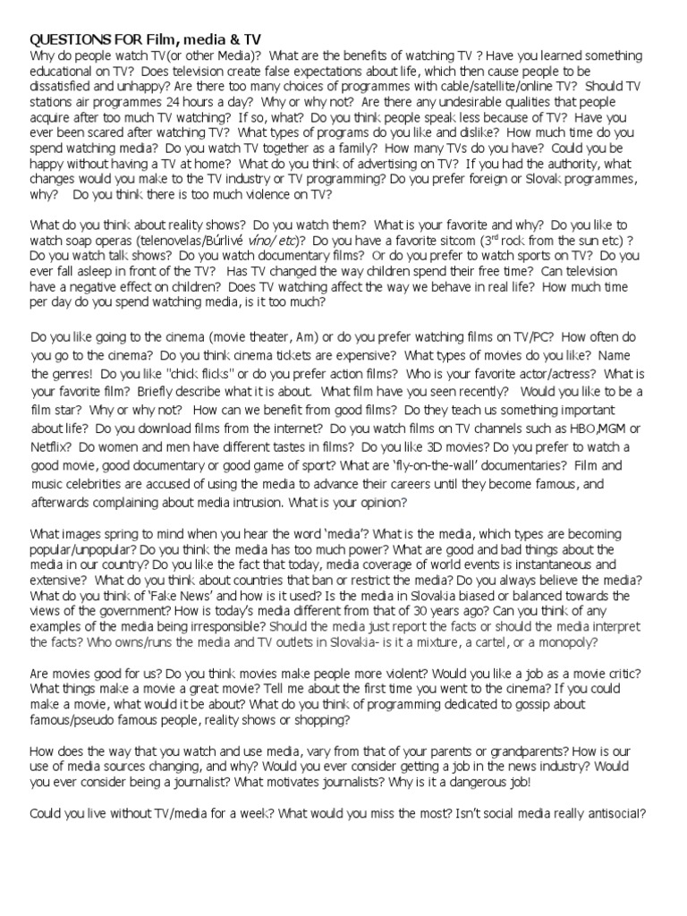 QUESTIONS FOR Film, TV, and Media | PDF | Television | Movie Theater