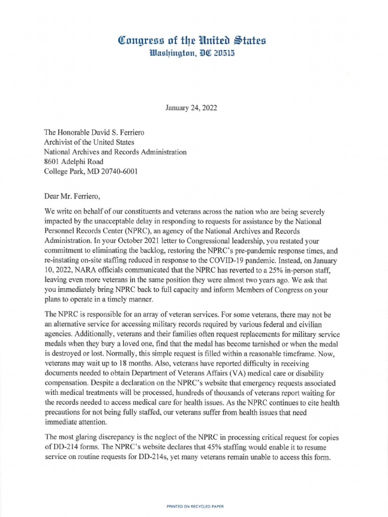 Bentz - Keller.rmbost-Letter To Fully Reopen NPRC 1.24.22 | PDF