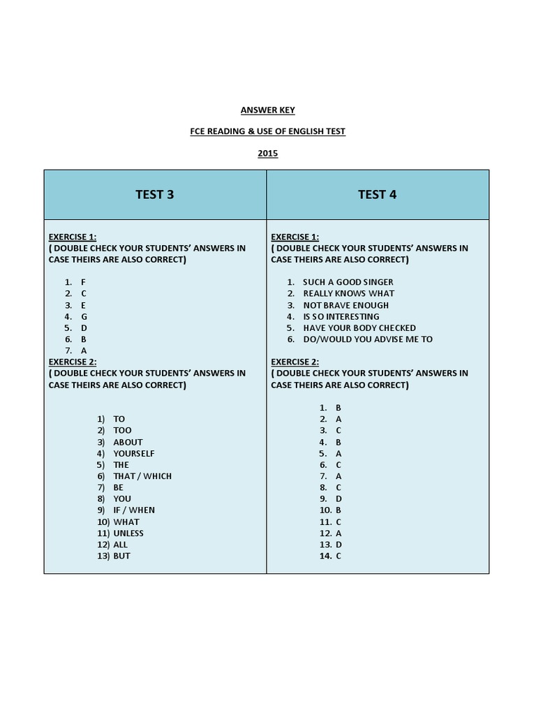 Answer Key Reading - Use of English Test 3 - 4 | PDF