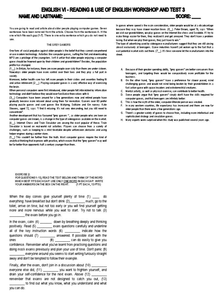 Reading - Use of English Fce Workshop and Test 3 | PDF | Video Games