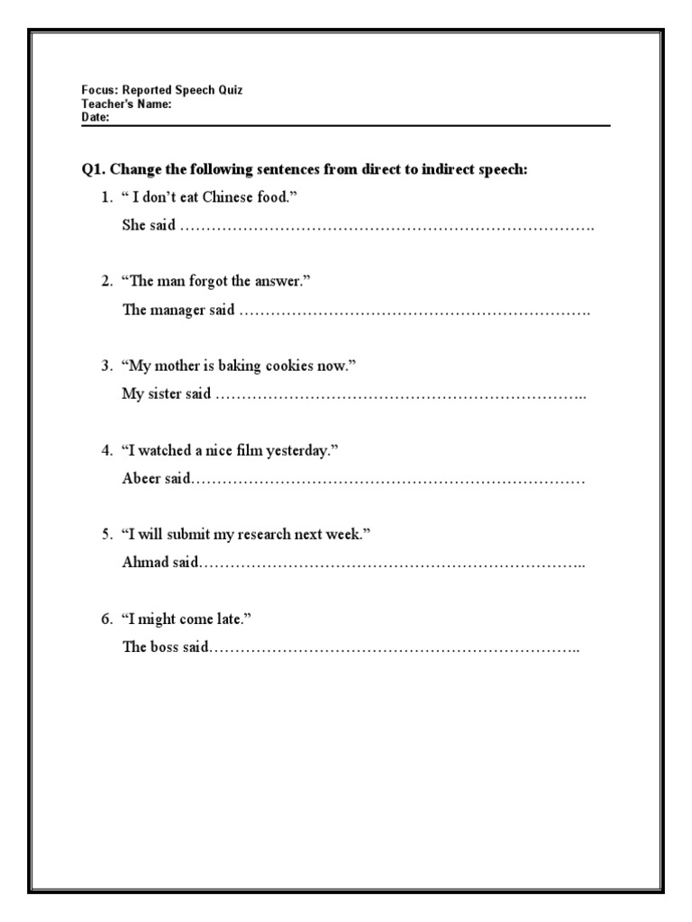 Reported Speech Quiz Grade 10 | PDF | Sports & Recreation | Games ...