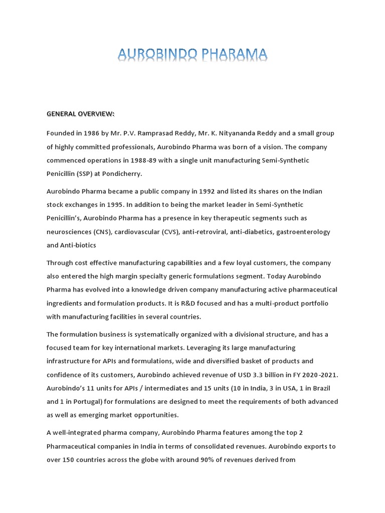 Aurobindo Pharma | PDF | Generic Drug | Pharmacology