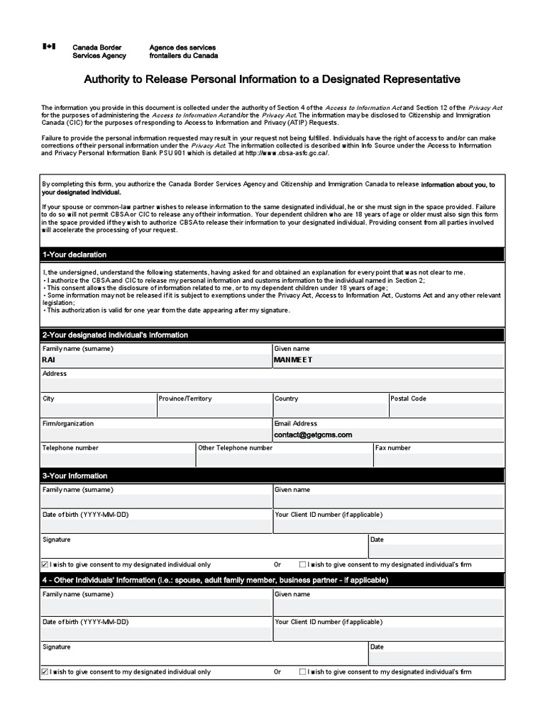 Authority To Release Personal Information To A Designated ...