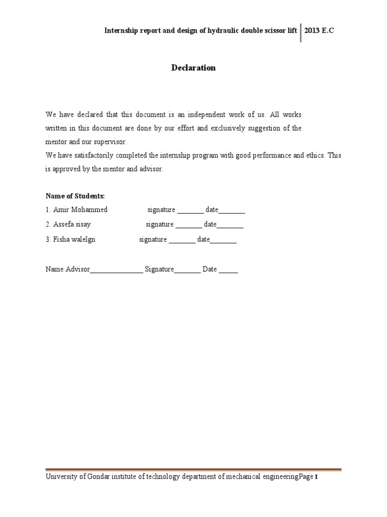 Declaration: Internship Report and Design of Hydraulic Double Scissor ...