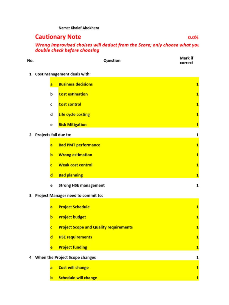 Cost Control Course Post-Test - Answer by Khalaf | PDF | Cost ...