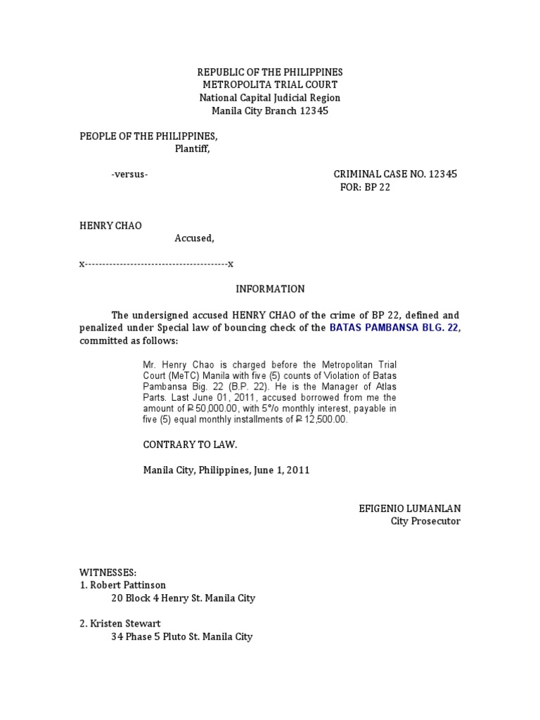 BP 22 Violation Case Against Henry Chao | PDF | Prosecutor | Crime ...