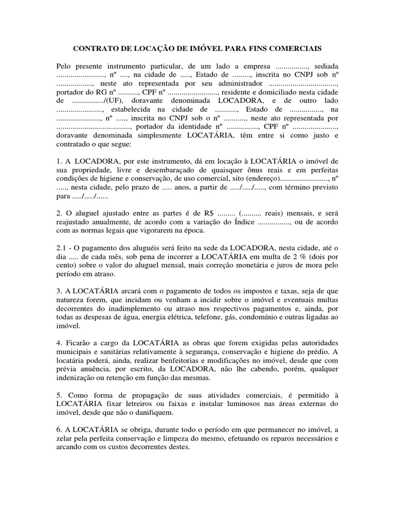 Contrato De Locação De Imóvel Para Fins Comerciais Pdf Aluguel
