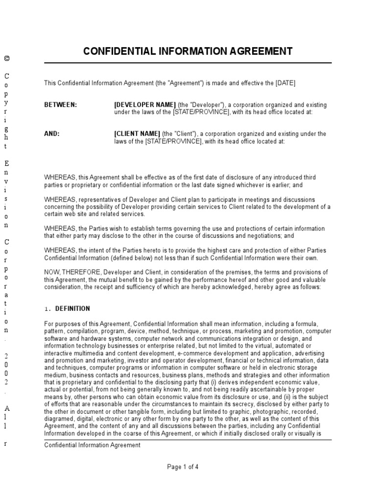 Confidential Information Agreement | PDF | Confidentiality | Copyright