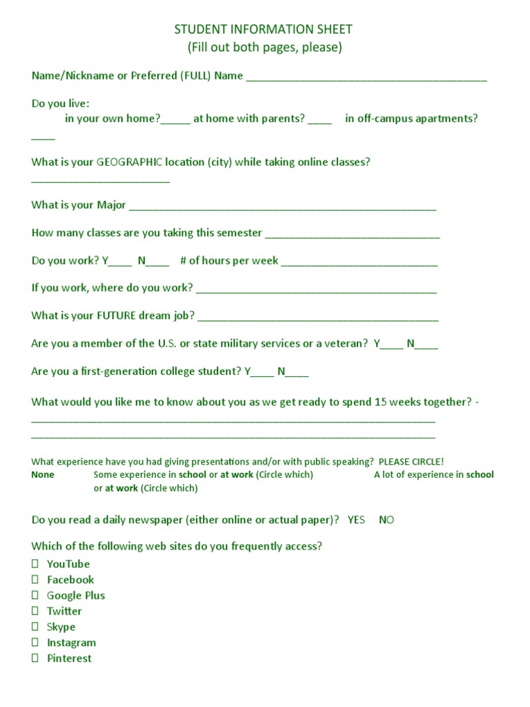 Student Information Sheet (Fill Out Both Pages, Please) | PDF ...