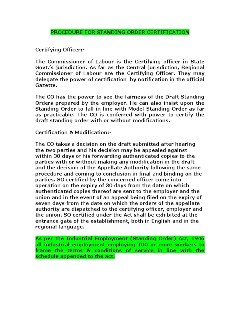 Procedure for Standing Order Certification